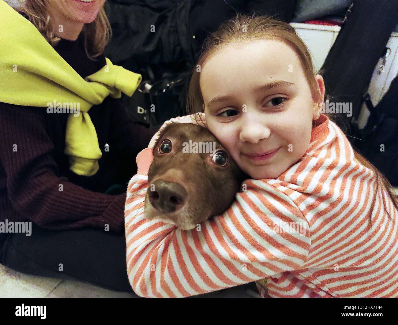 Non Exclusive: KYIV, UKRAINE - MARCH 06, 2022 - A girl hugs a dog ...