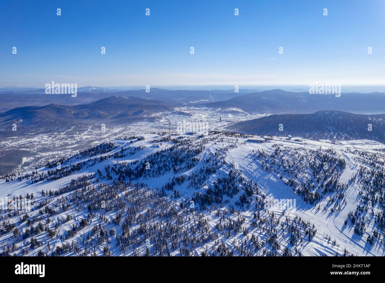 Sheregesh ski lift resort winter, landscape mountain and hotels, aerial ...