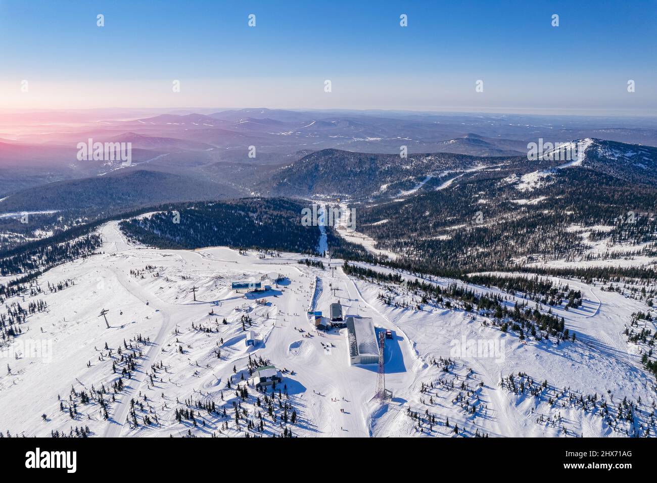 Sheregesh ski lift resort winter, landscape mountain and hotels, aerial ...