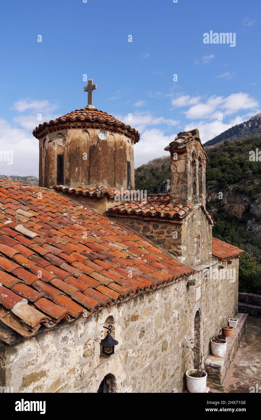 Greek Orthodox Monastery with cross above dome. New Moni Panagias ...