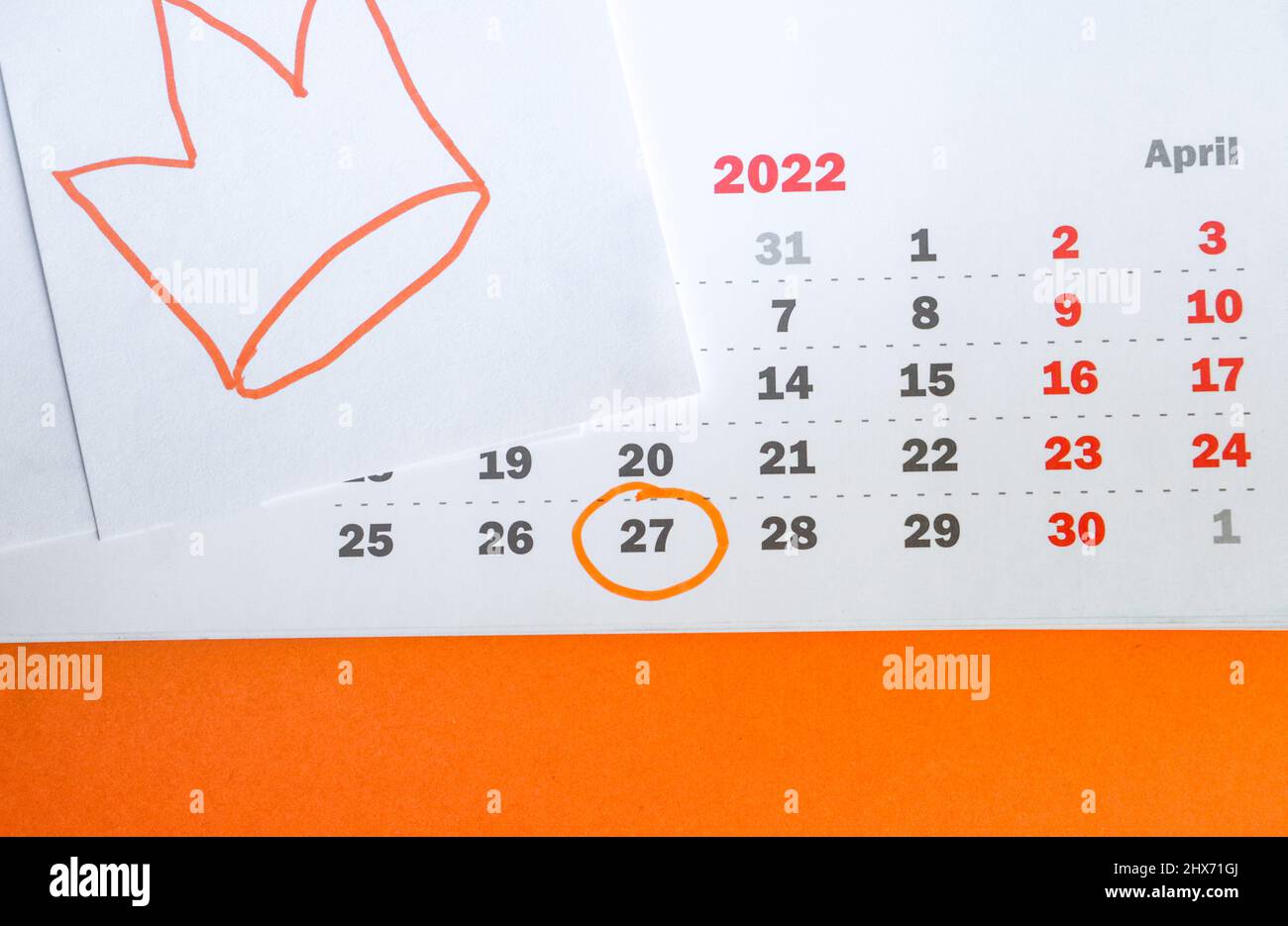 Close Up Of A Paper Calendar On April 27 2022 With An Orange