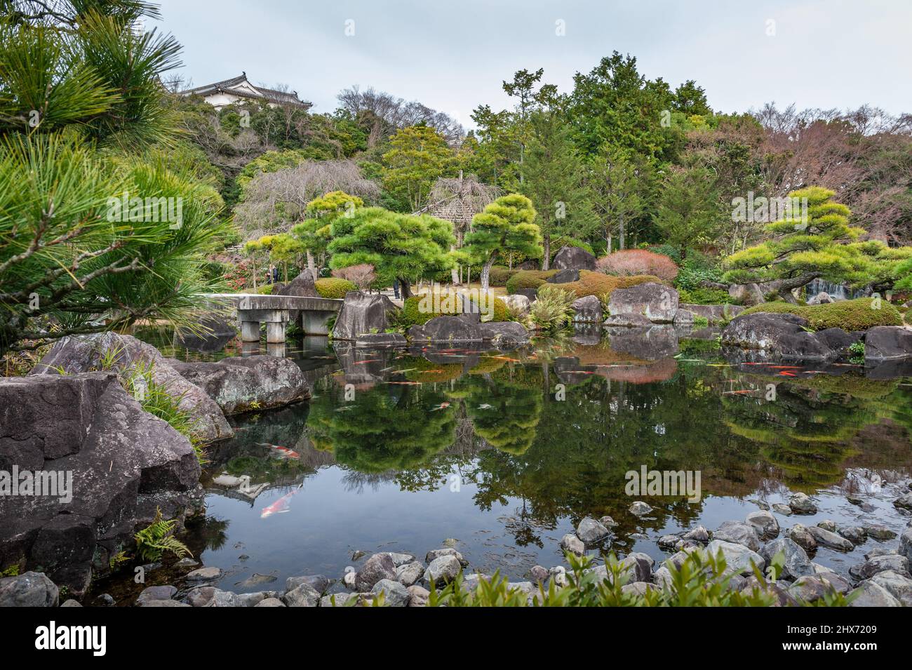 Himeji, Japan - January 6, 2020. Exterior shot of a Japanese garden ...