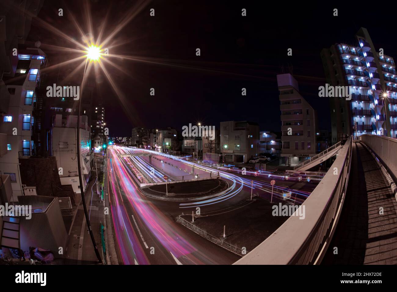A night traffic jam at the city street in Tokyo fish-eye shot Stock ...