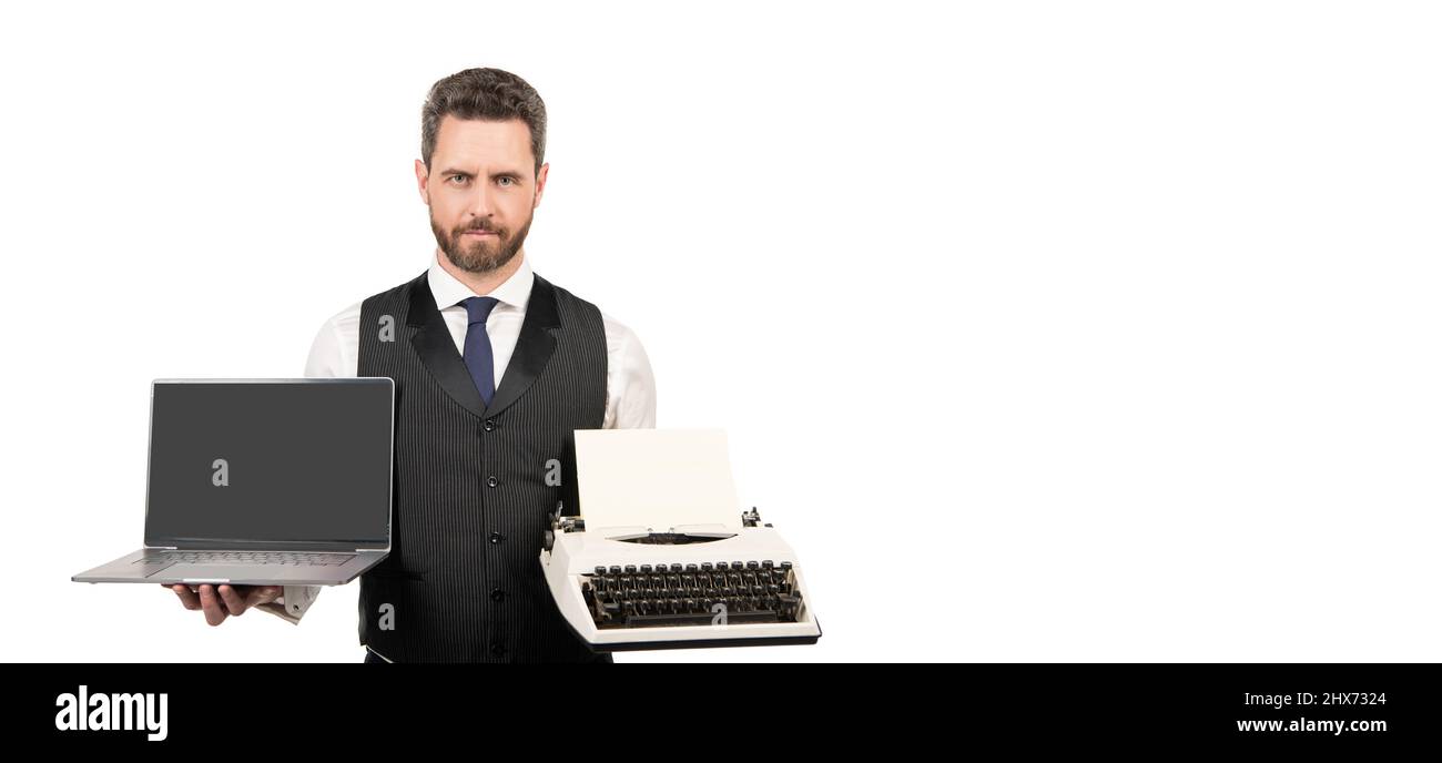 man showing laptop and typewriter isolated on white background, copy ...