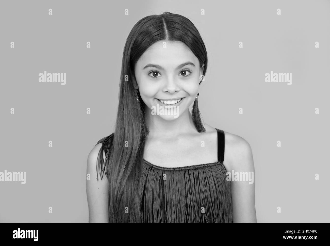 Shine your smile today. Happy girl smile grey background. Healthy teeth ...