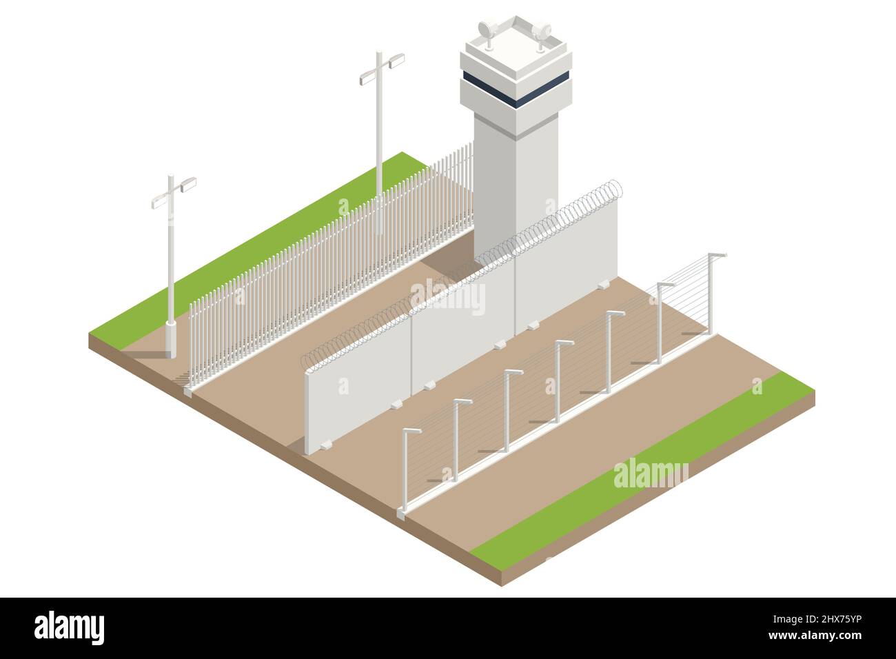 Isometric security fencing with razor wire watch tower. Prison Scene ...