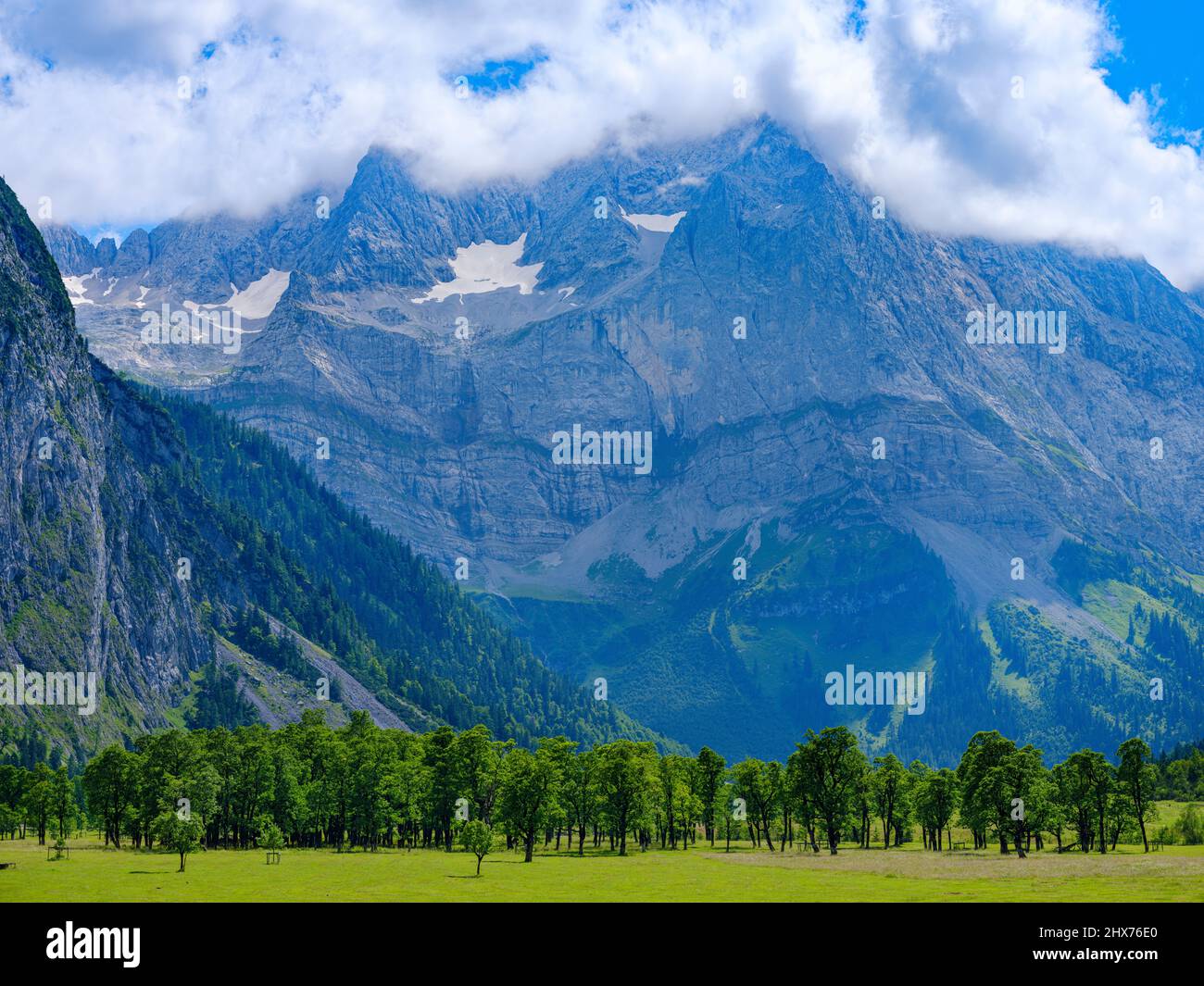 Grosser ahornboden with the karwendel mountains hi-res stock ...