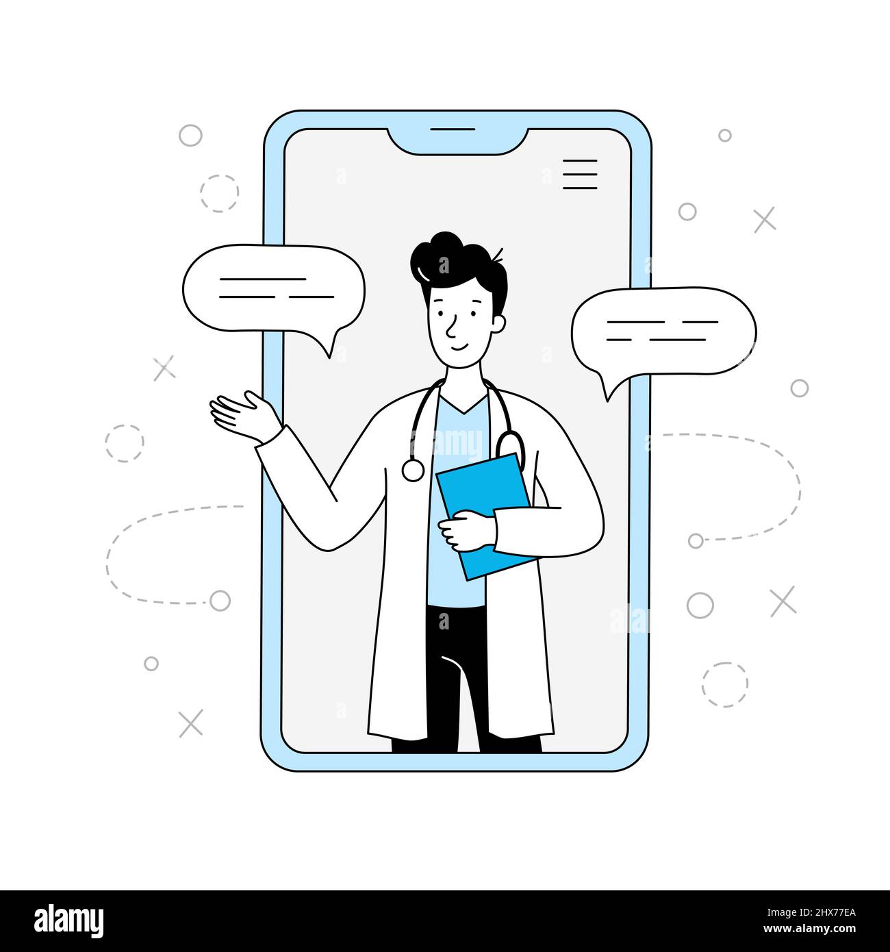 Online doctor, virtual medicine illustration. Young doctor outline ...