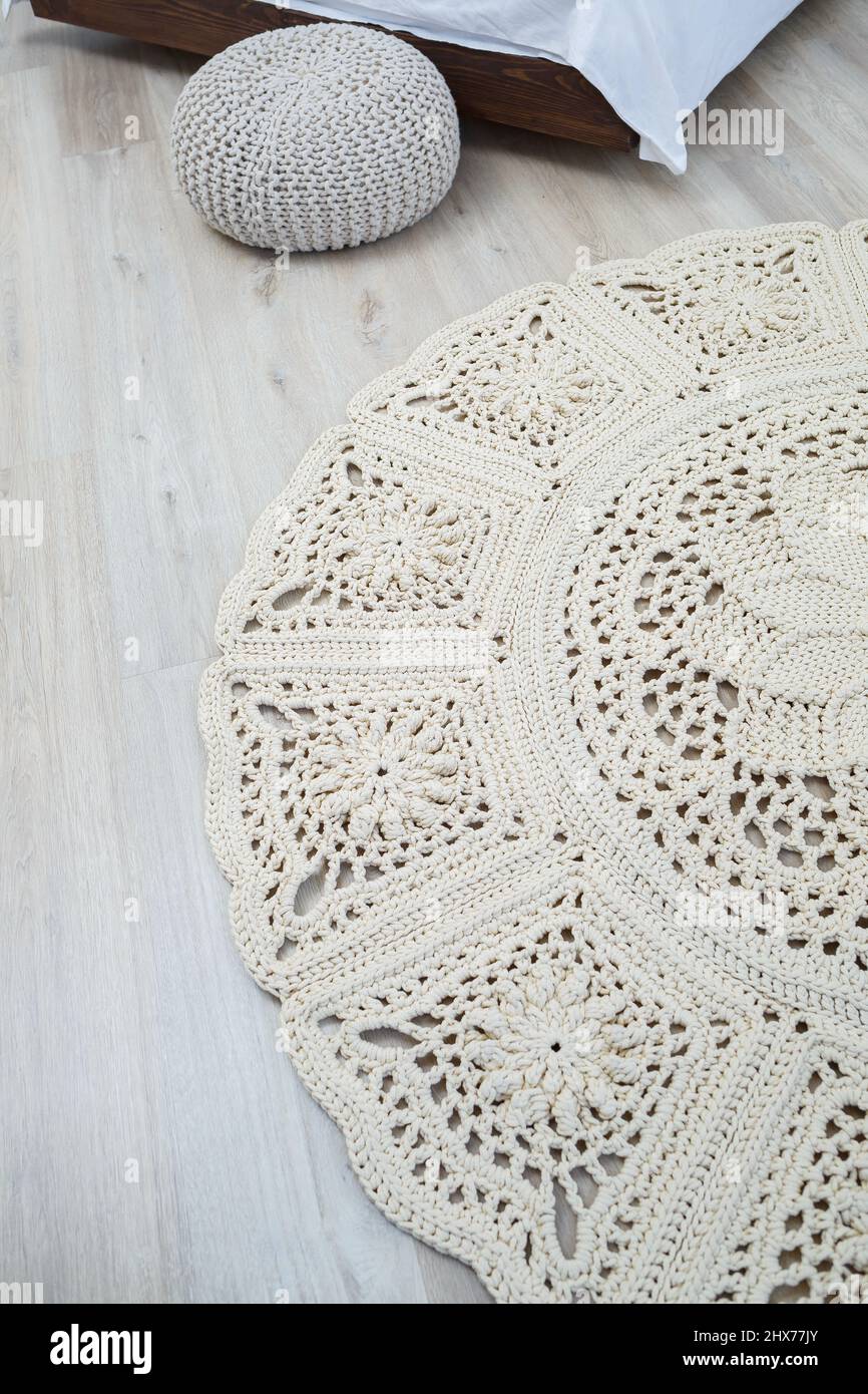 Handmade carpet knitted from natural threads, flooring, natural cotton ...