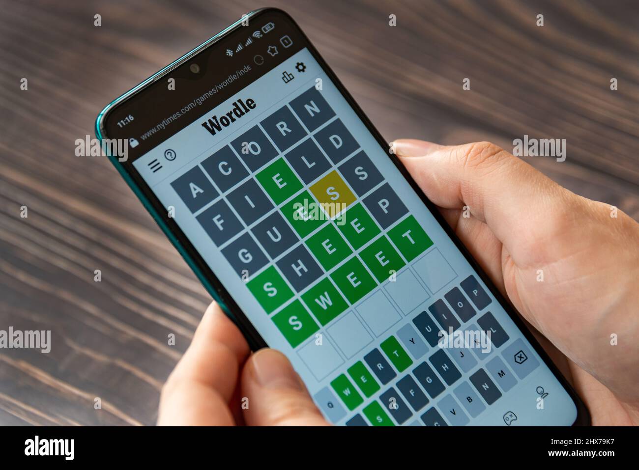 Hands playing Wordle game on phone on NYTimes.com website. Wordle is a ...