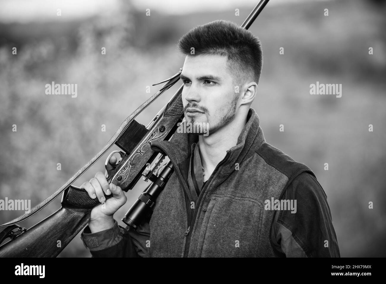 Masculine hobby activity. Hunting season. Man bearded hunter with rifle ...