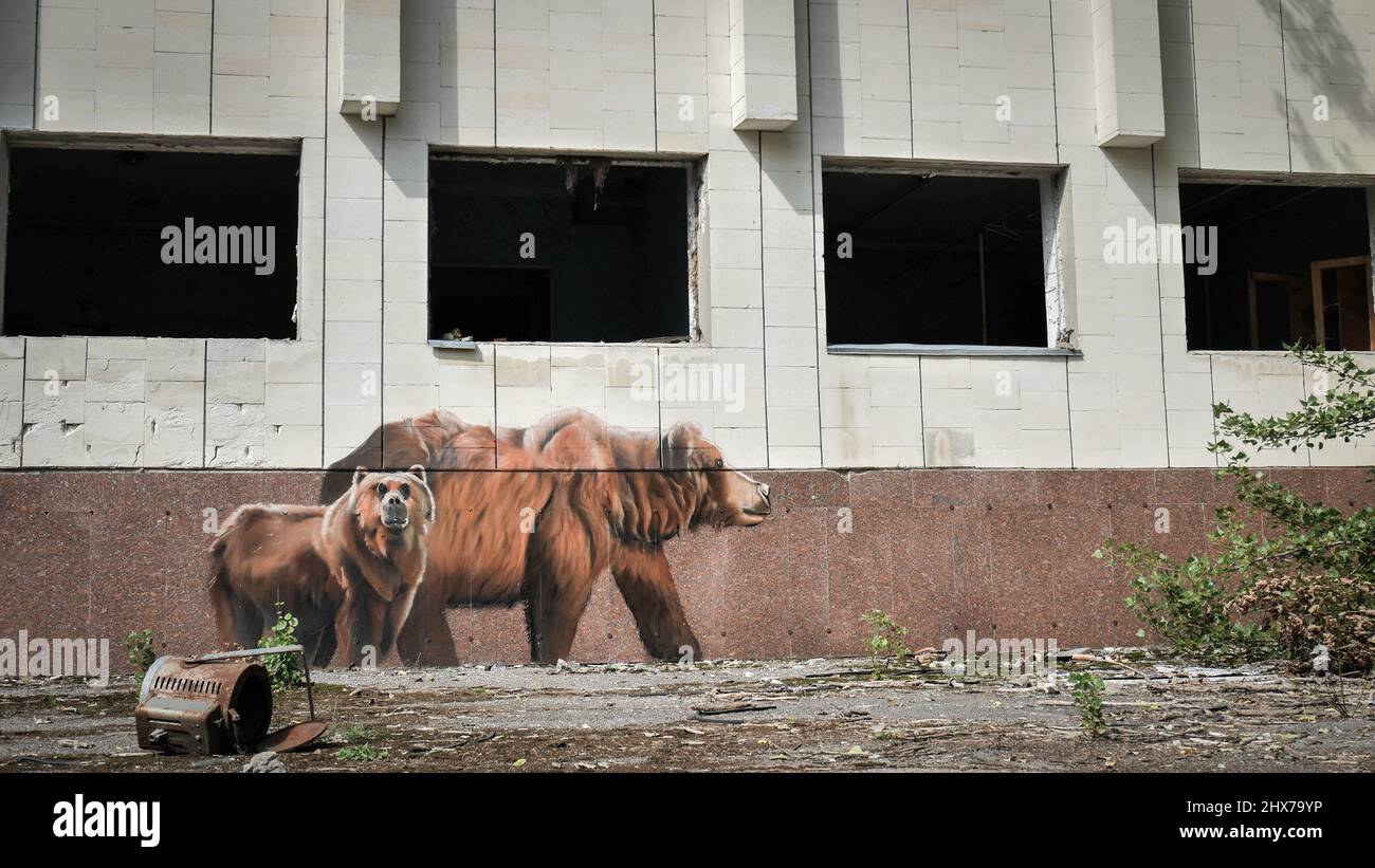 Mural of big bear and his cub on the ruined building, Pripyat, Ukraine ...