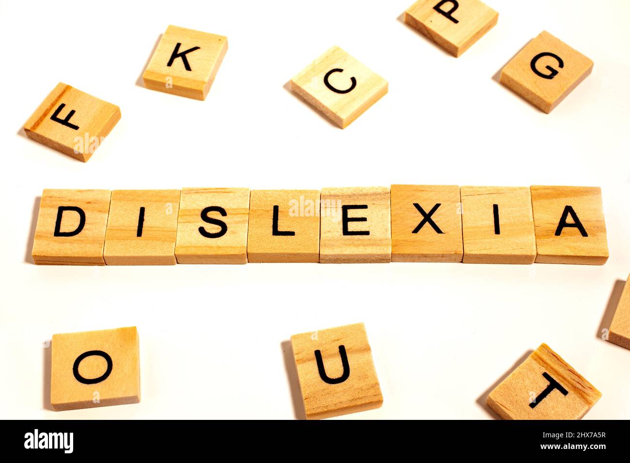 wooden alphabet blocks with DYSLEXIA word in the center on white ...