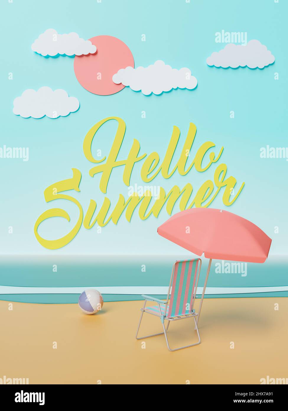 HELLO SUMMER sign on an artificial beach in a studio. concept of summer ...