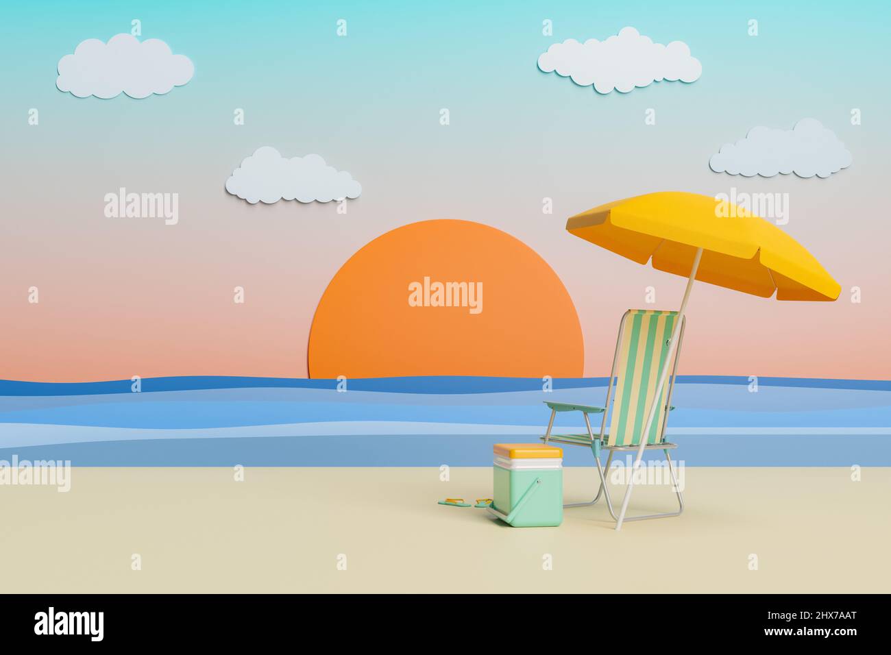 sunset of an artificial beach in a studio with beach chair and beach ...