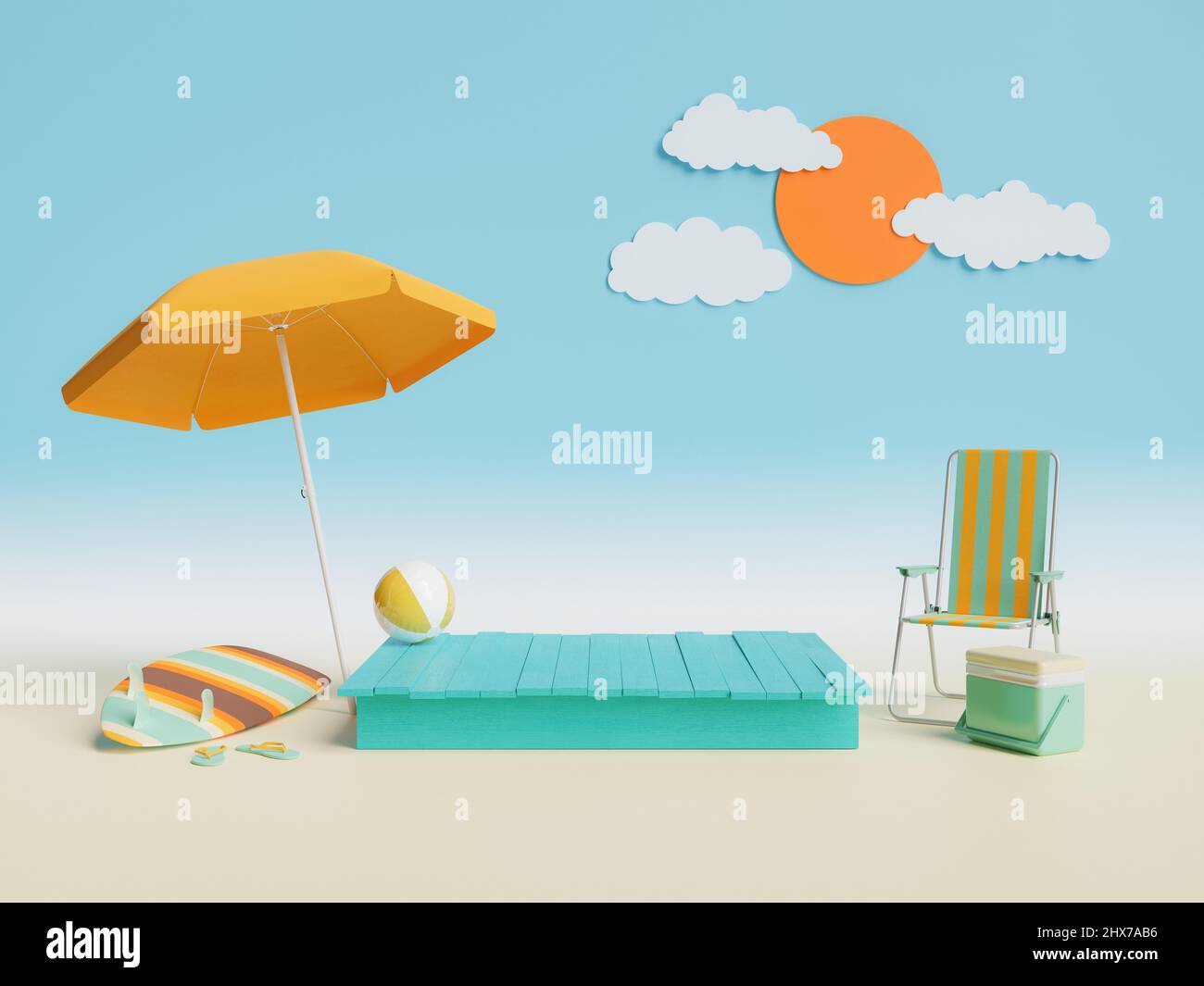 product stand on an artificial beach in a studio with beach accessories ...
