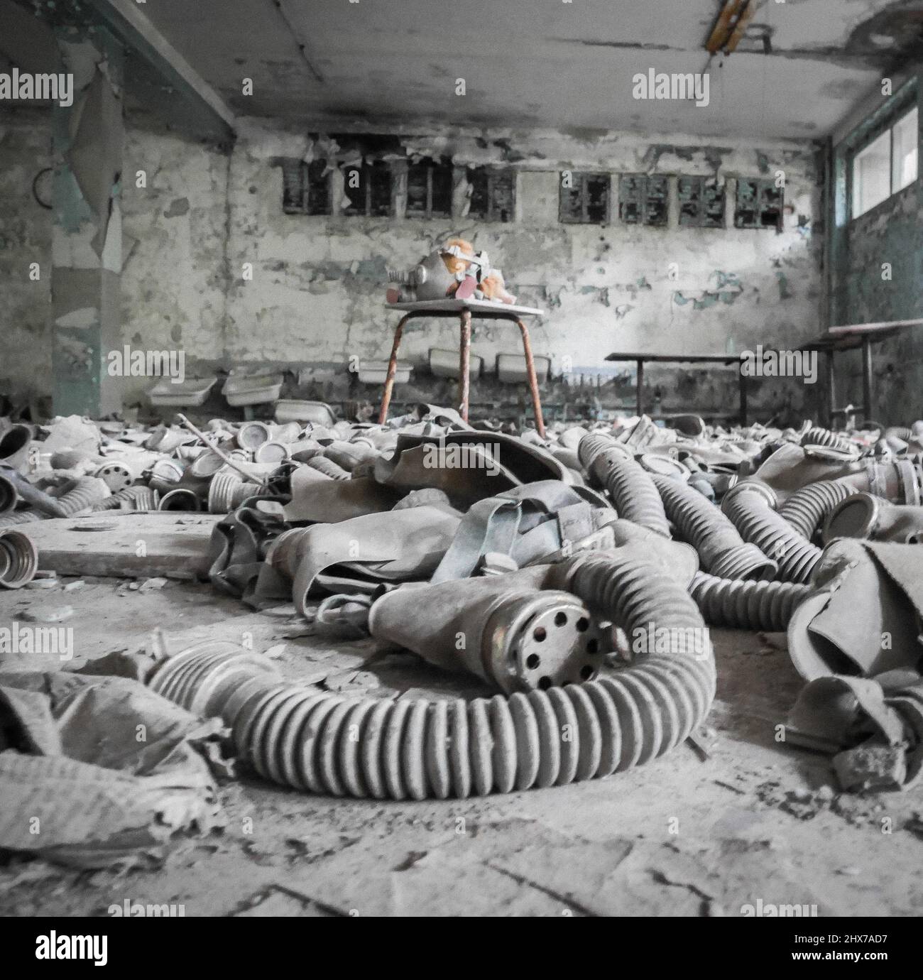 Gas masks placed around the devasted interior, Chernobyl radiation zone ...