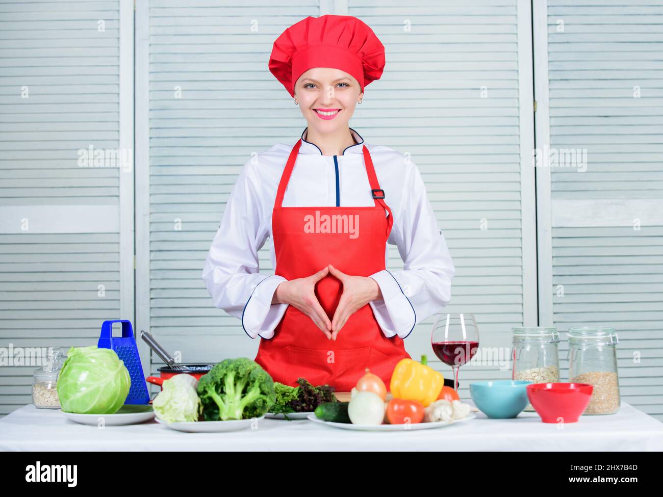 Lady adorable chef teach culinary arts. Improve culinary skill. Best ...