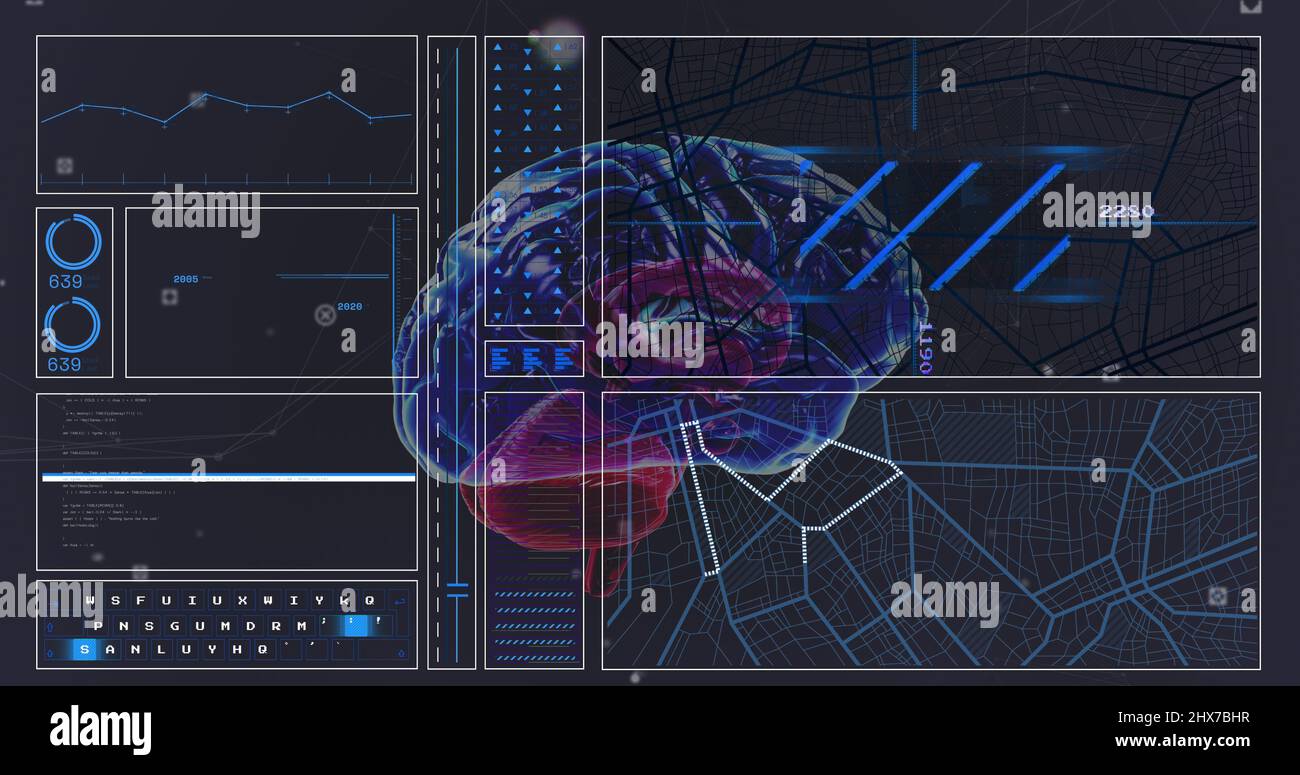 Image of brain and data processing on black background Stock Photo - Alamy