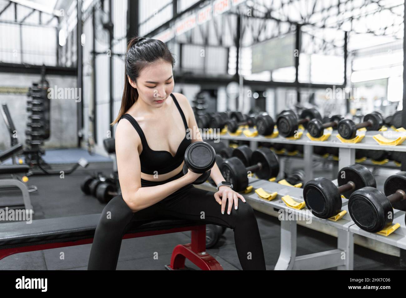 exercise concept The working out lady paying attention on carrying a ...
