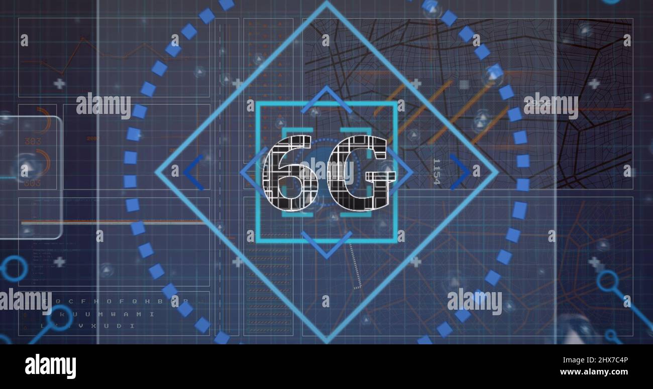 Image of 6g text, computer circuit board and data processing over blue background. global online ...