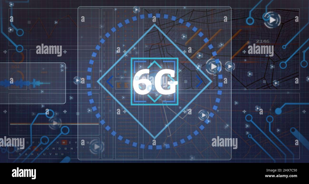 Image of 6g text, computer circuit board and data processing over blue background. global online ...