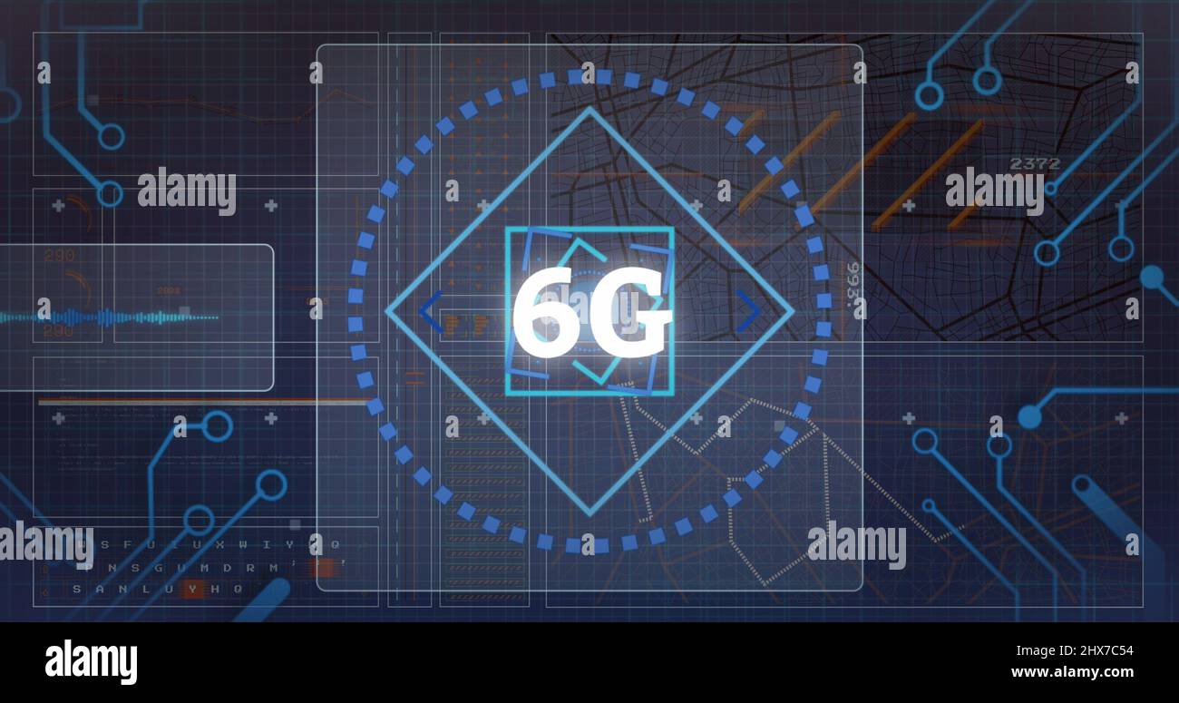 Image Of 6g Text Computer Circuit Board And Data Processing Over Blue Background Global Online 