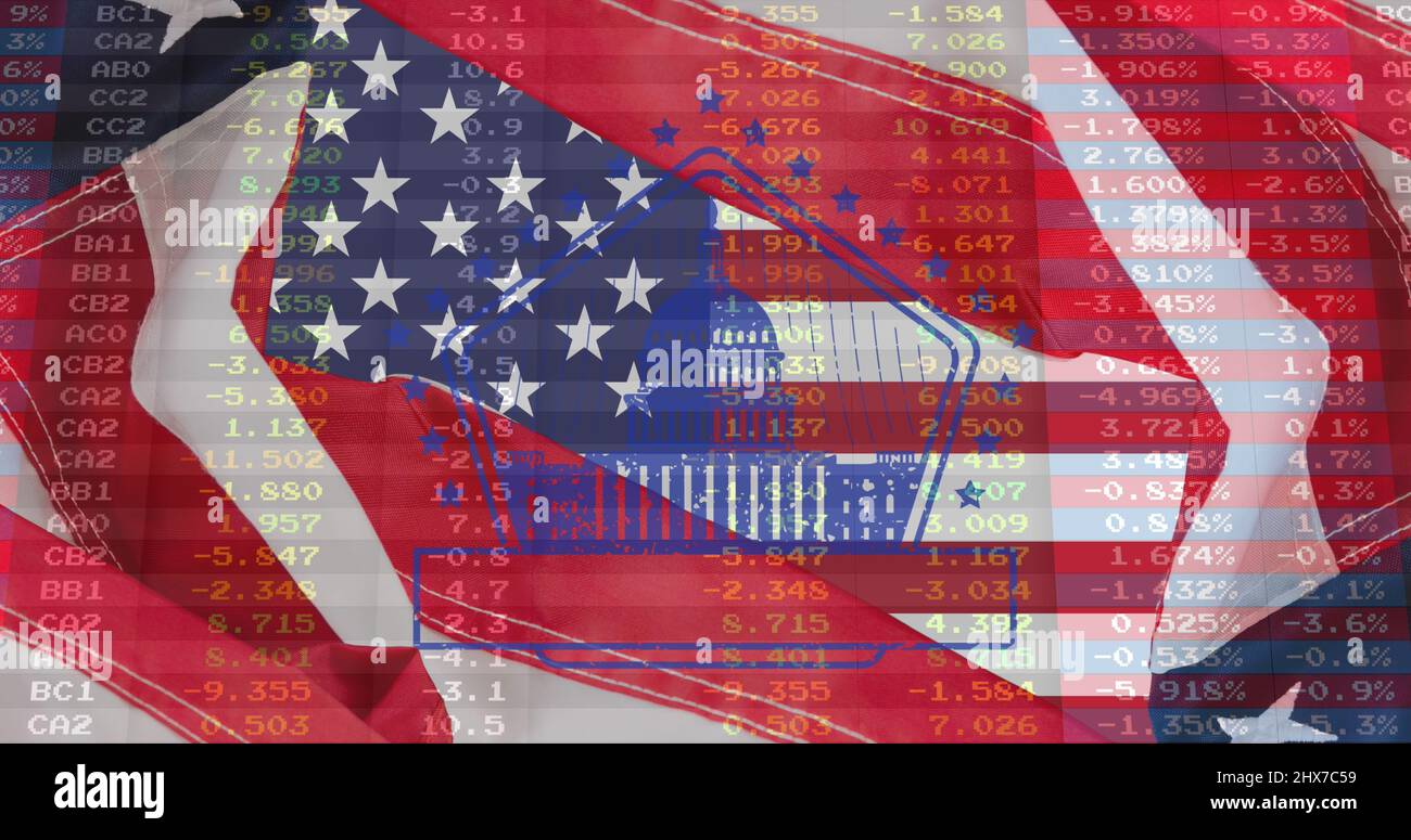 Image of statistics and financial data processing over flags of united ...