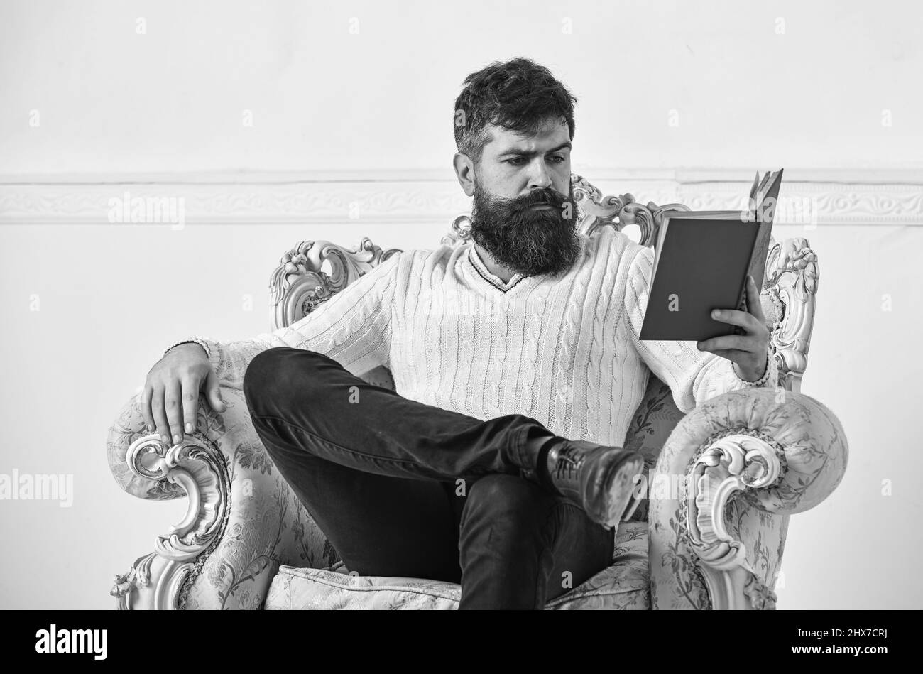 Intelligent concept. Scientist, professor on pensive face enjoys ...