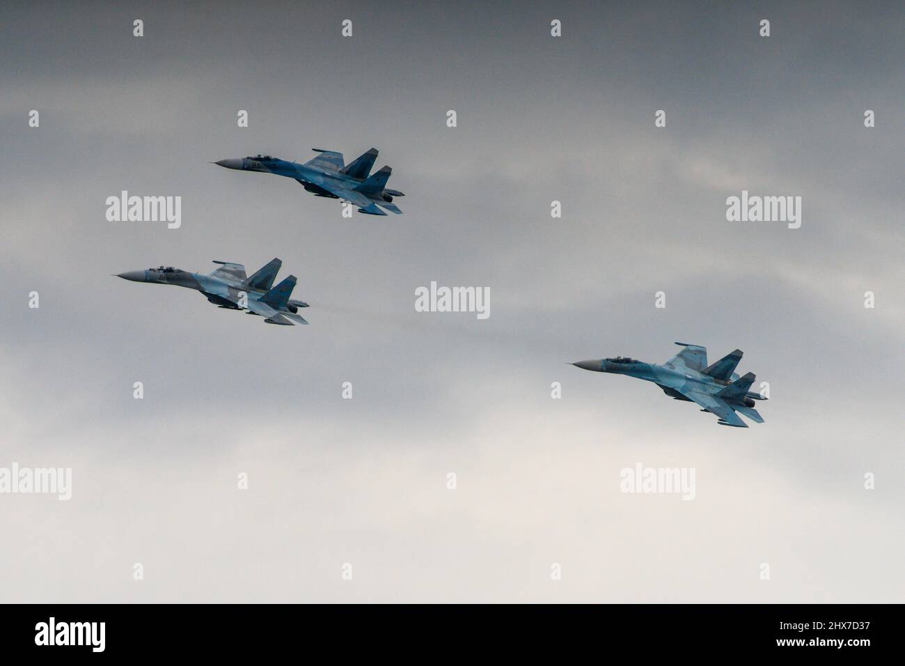 flight of three supersonic fighters SU 27 of the Russian Air Force in ...