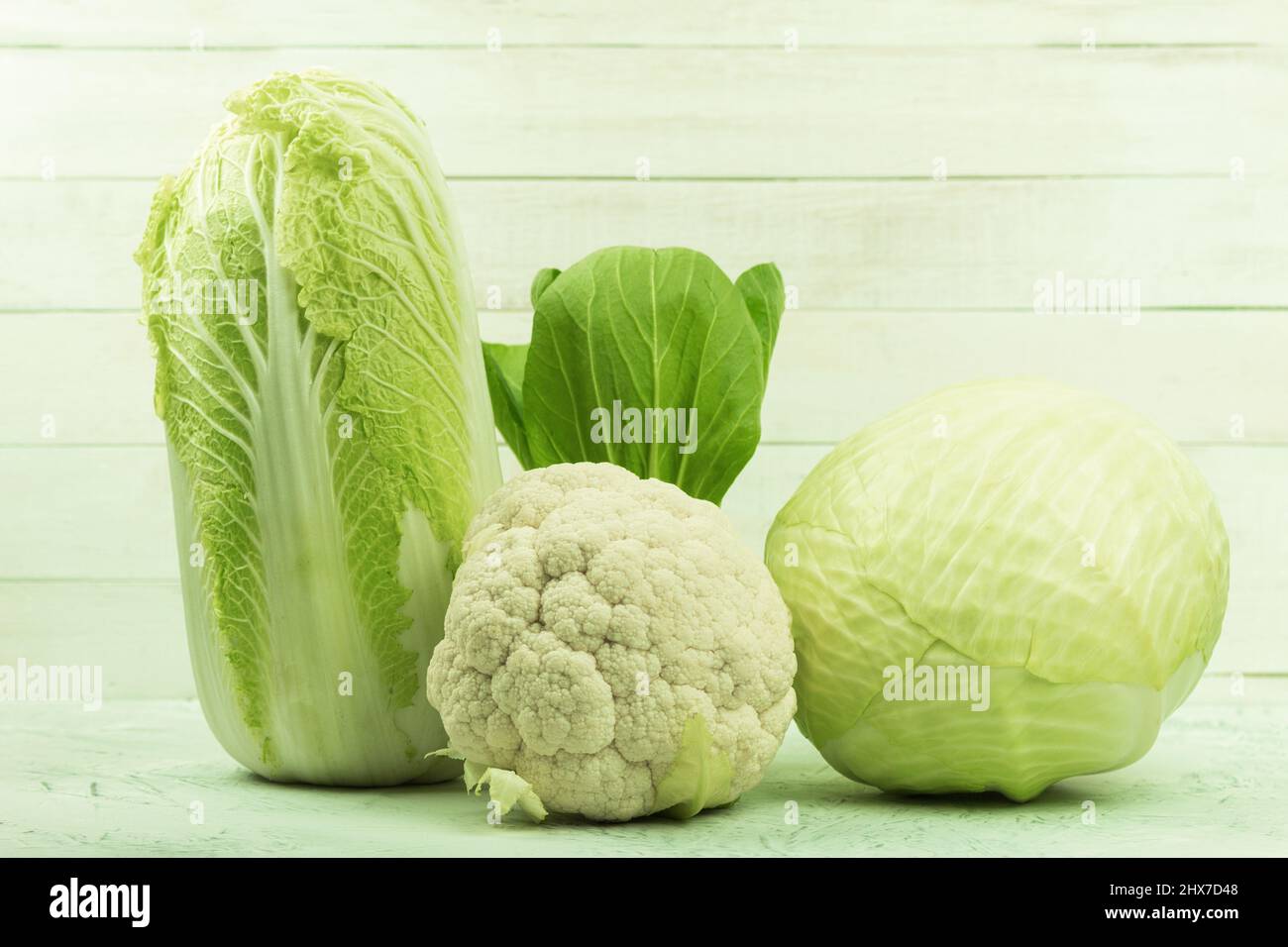 Assortment of different varieties of cabbage cabbage. Background with ...