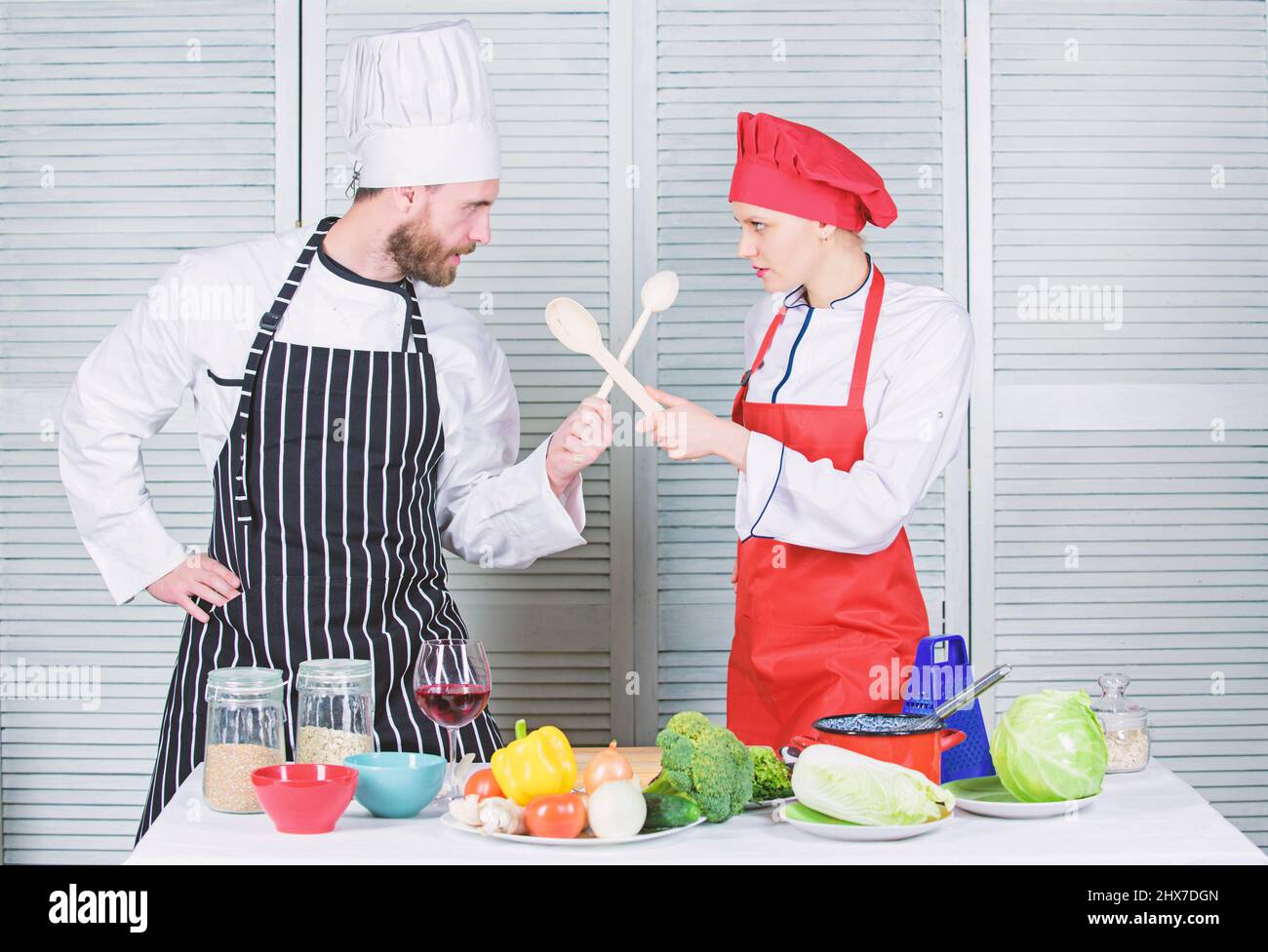 Woman and bearded man culinary show competitors. Who cook better ...