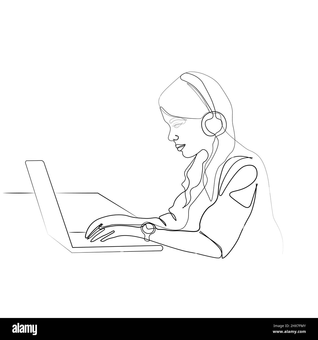 Vector line drawing girl with laptop continuously hand drawn one line ...