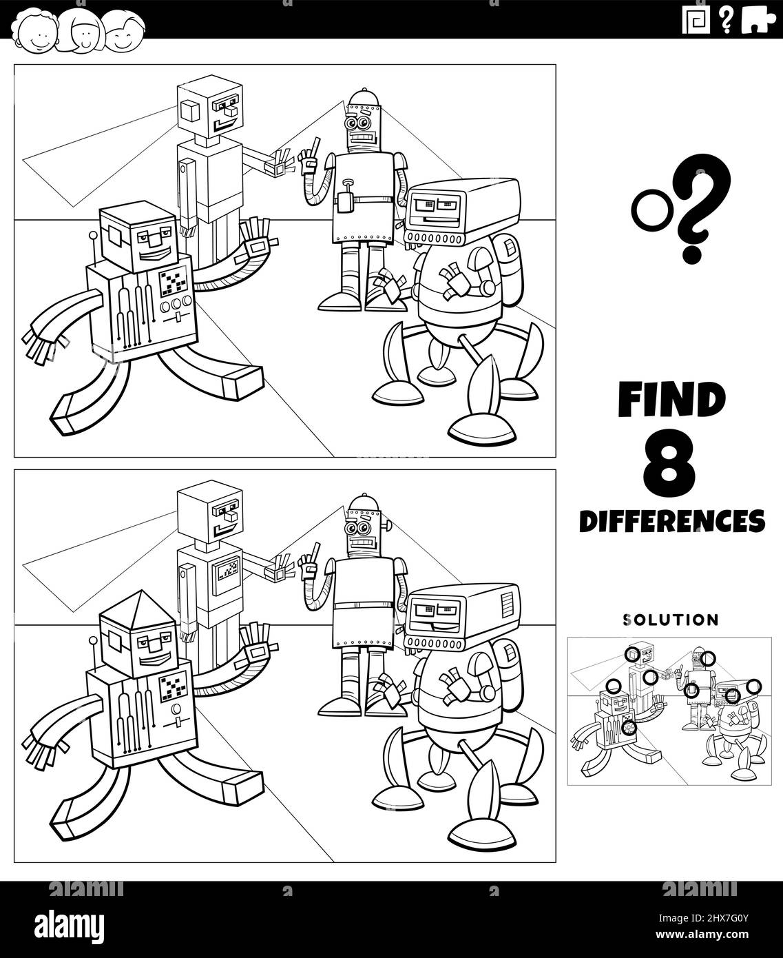 Black and white cartoon illustration of finding the differences between ...