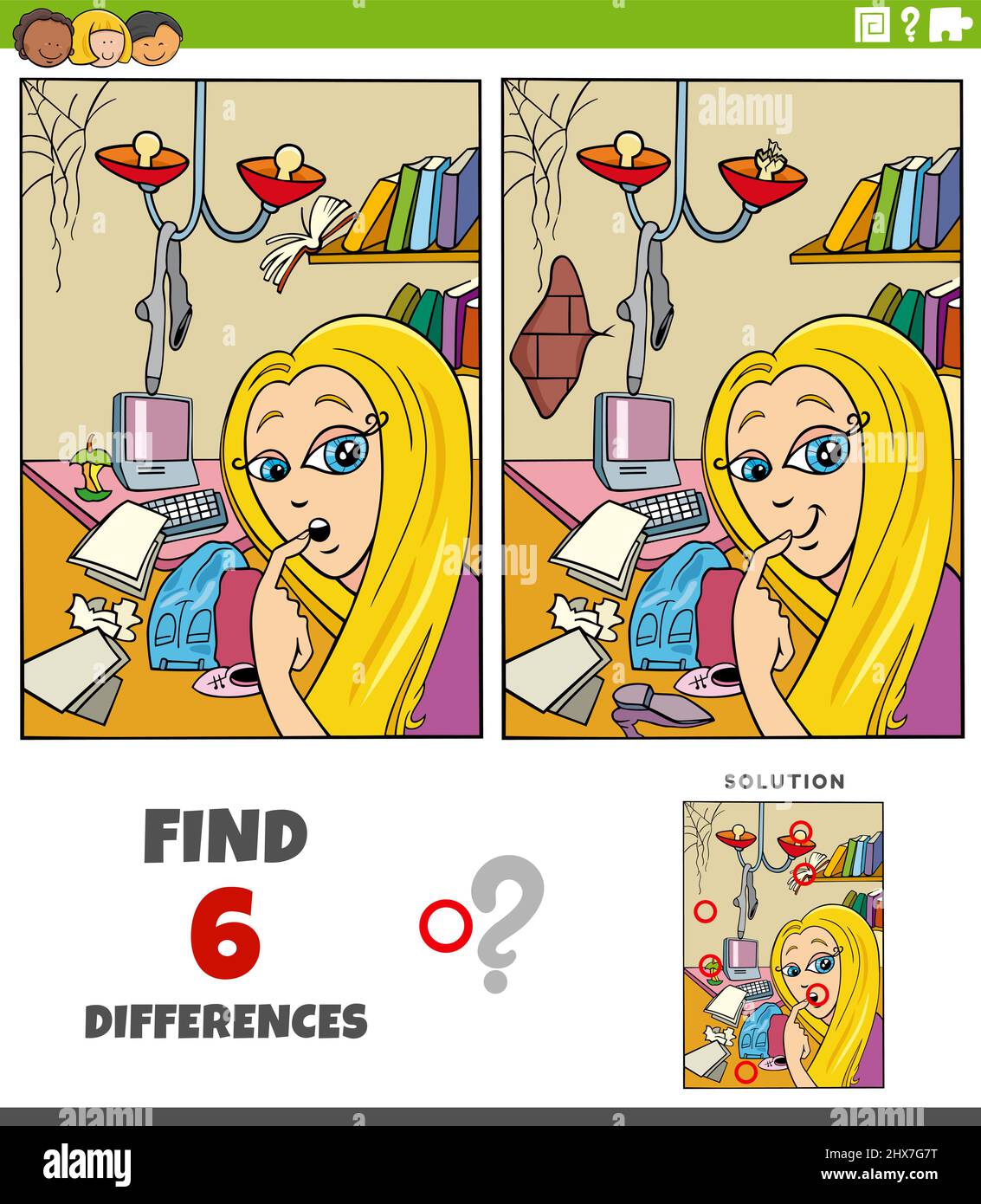 Cartoon illustration of finding the differences between pictures educational task with girl and ...