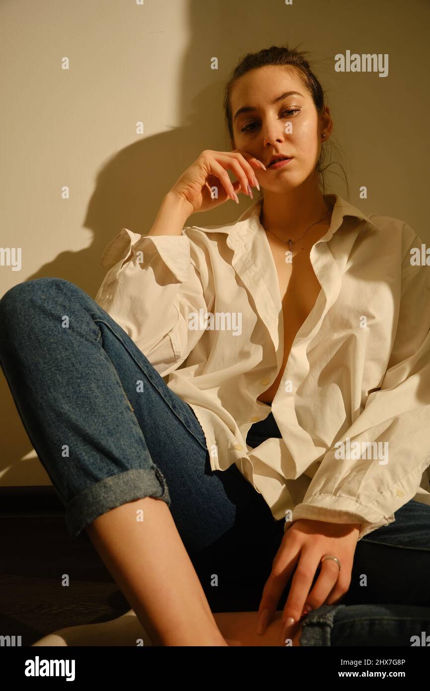 serious young woman feeling sad and scared with closed eyes, depressed ...