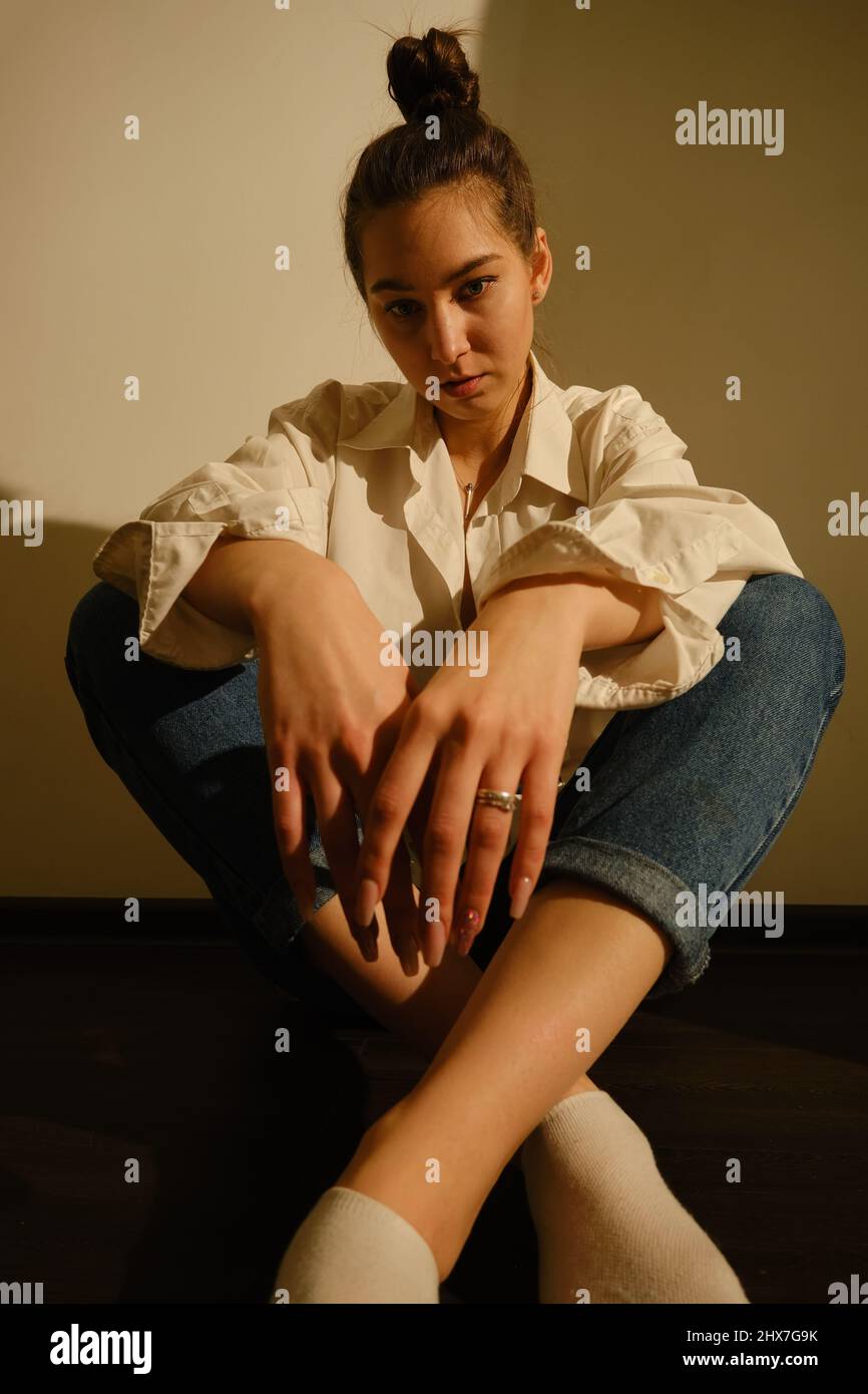 serious young woman feeling sad and scared with closed eyes, depressed ...