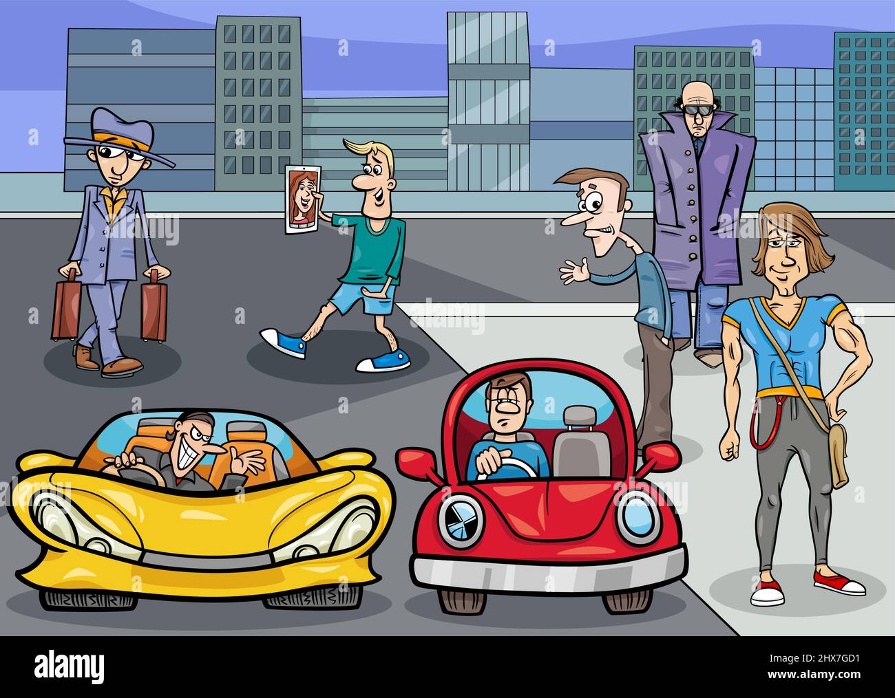 Cartoon illustration of people comic characters on street in the city ...