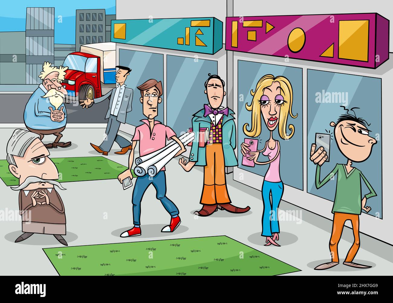 Cartoon illustration of people comic characters group on street in the ...