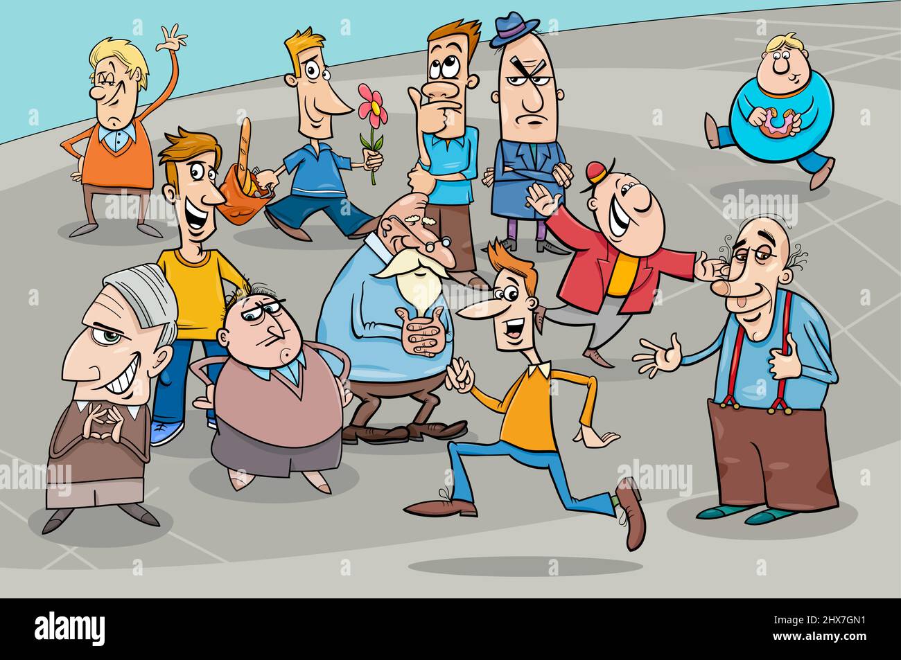 Cartoon illustration of people comic characters crowd on street in the ...