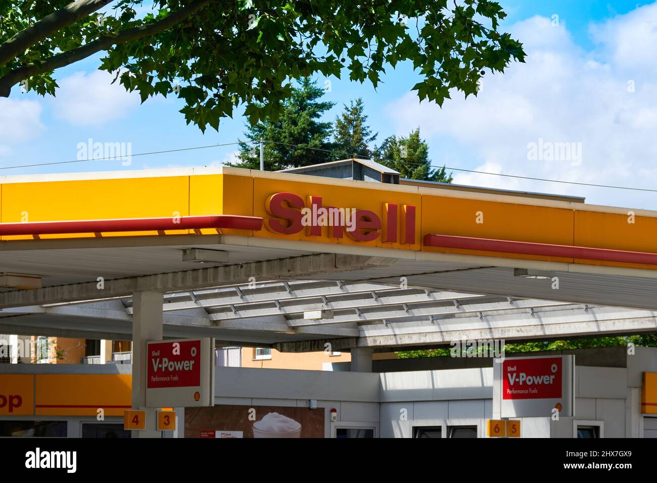 Berlin, Germany - August 11, 2021: View to a Shell Group petrol station ...