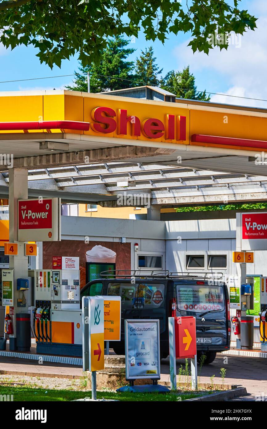 Berlin, Germany - August 11, 2021: View to a Shell Group petrol station ...
