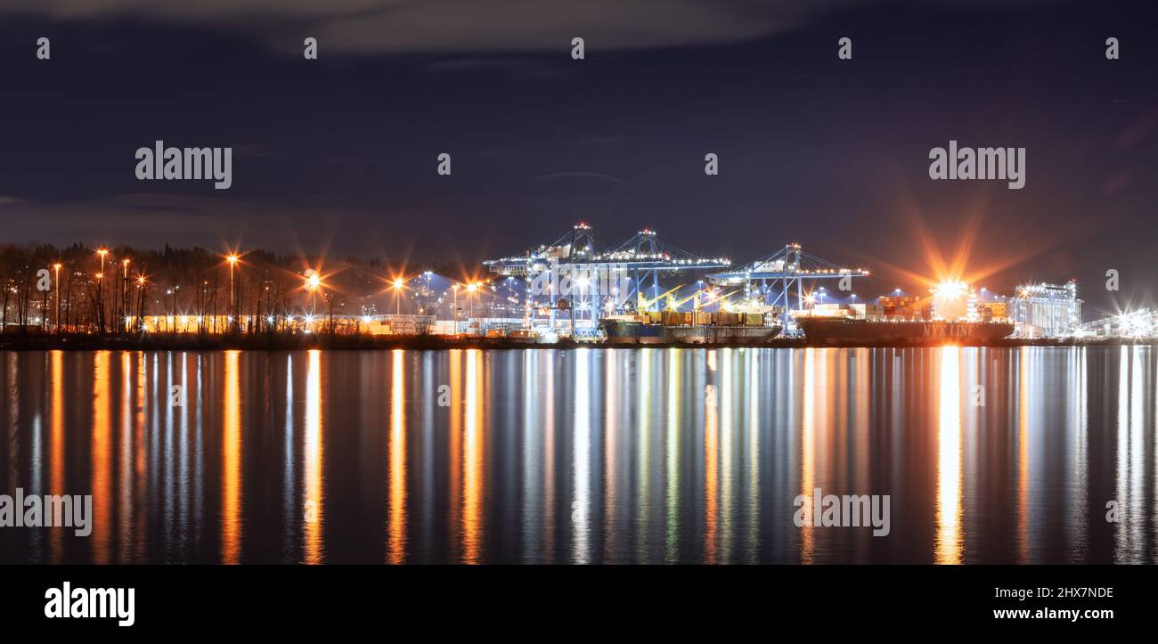 Industrial Port with Ships on Fraser River at night Stock Photo - Alamy