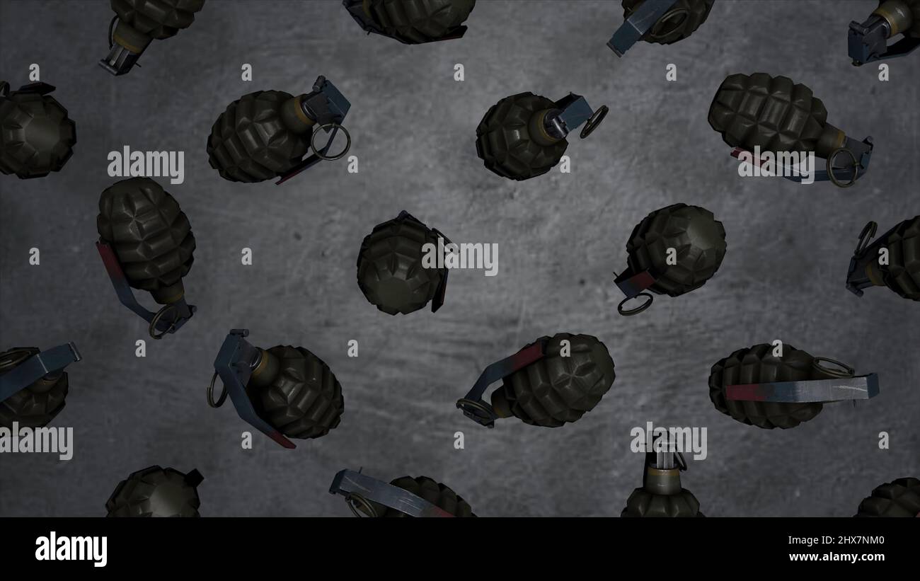 Animation of 3D hand grenades rotation on grey background. Grenade in ...