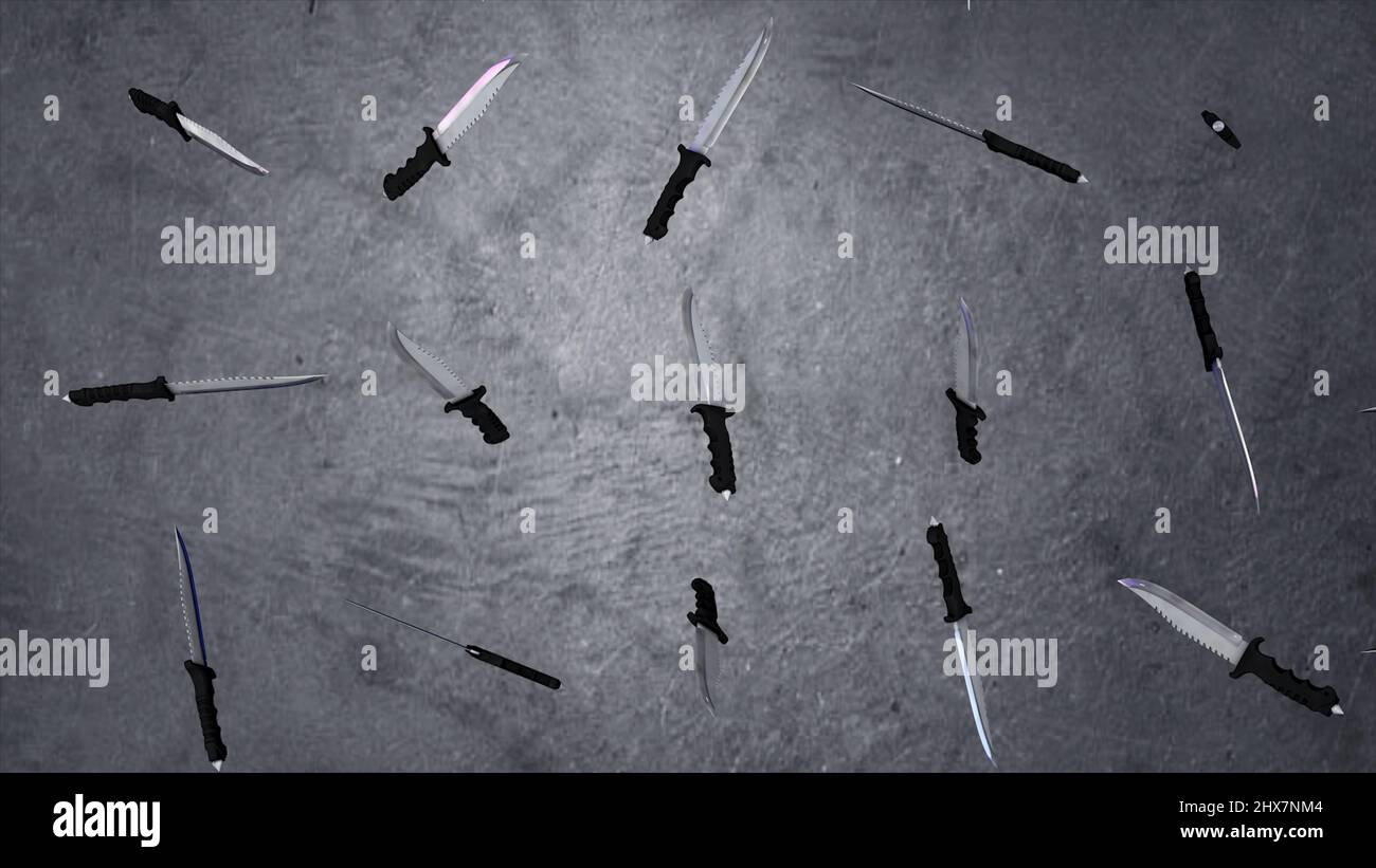 Animation of rotating knifes on grey background. Steel knife blade ...
