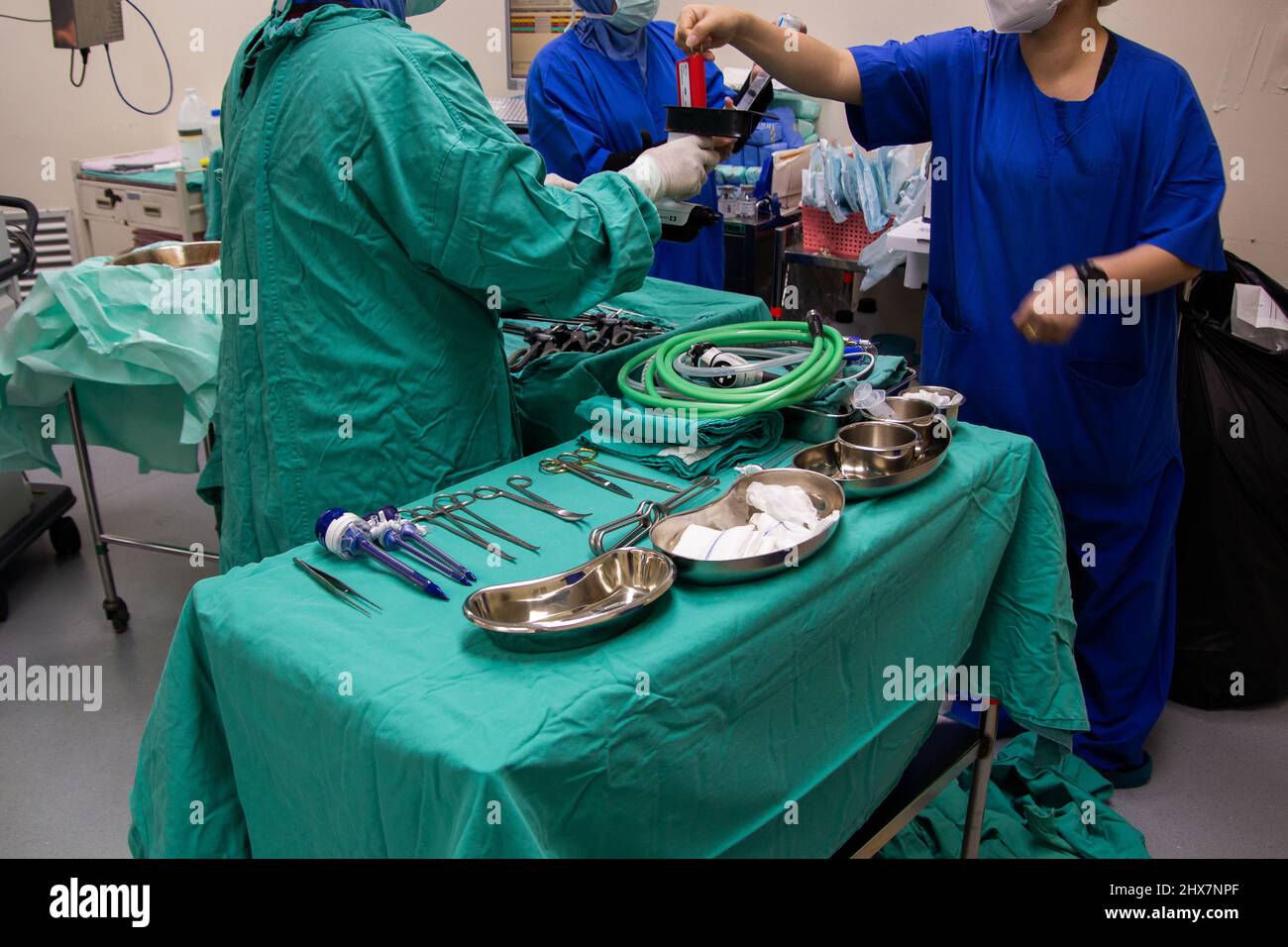 Surgeons wearing scrubs in a operating theater, performing laparoscopic ...