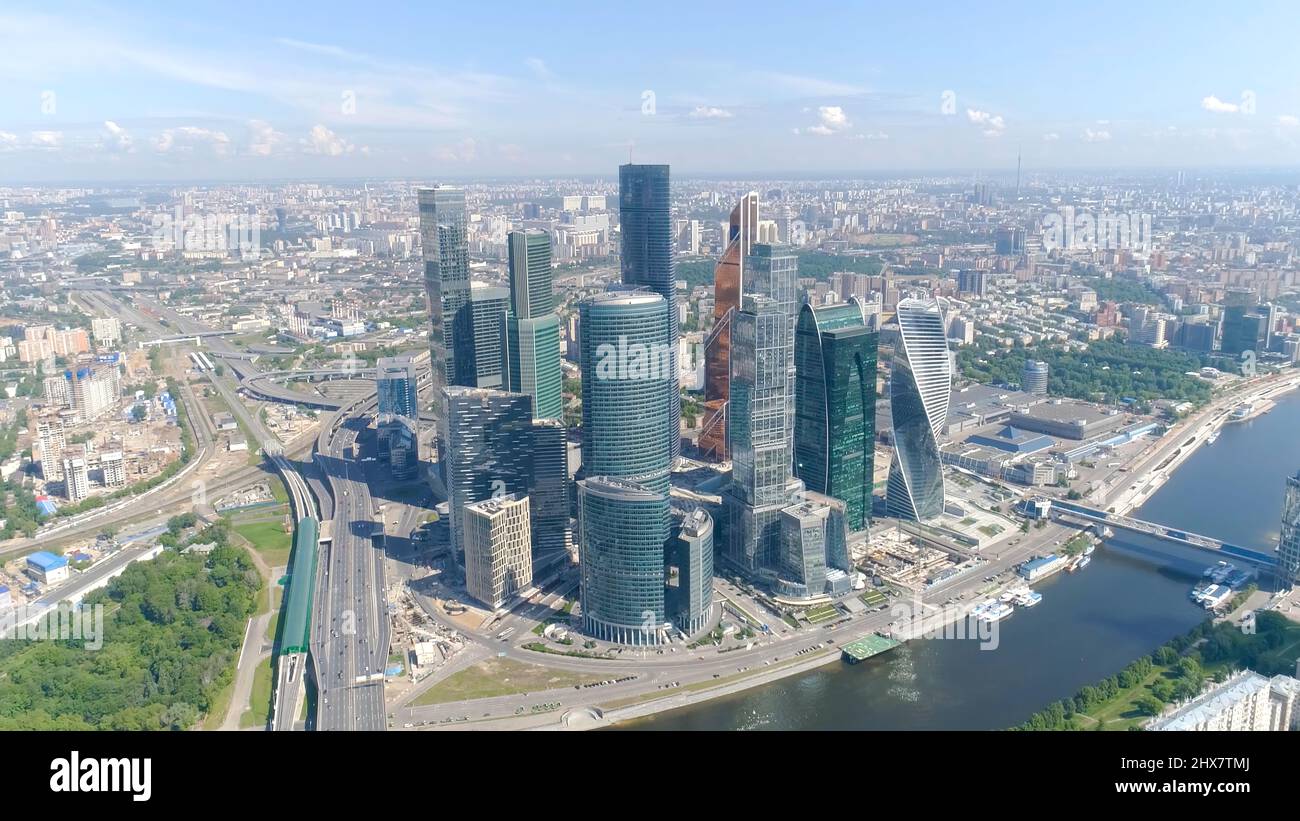 Top view of business center with skyscrapers on background of panorama ...