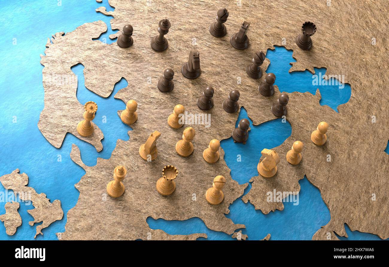 symbol of geopolitics in the world with chess pieces. 3D illustration ...