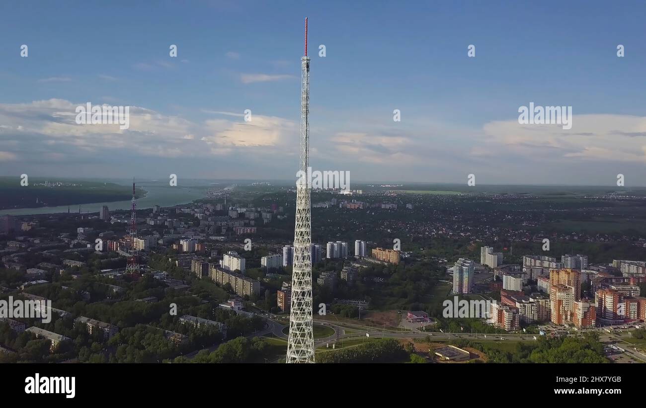 Aerial of the TV Tower at autumn. Top view of the TV tower in the city ...