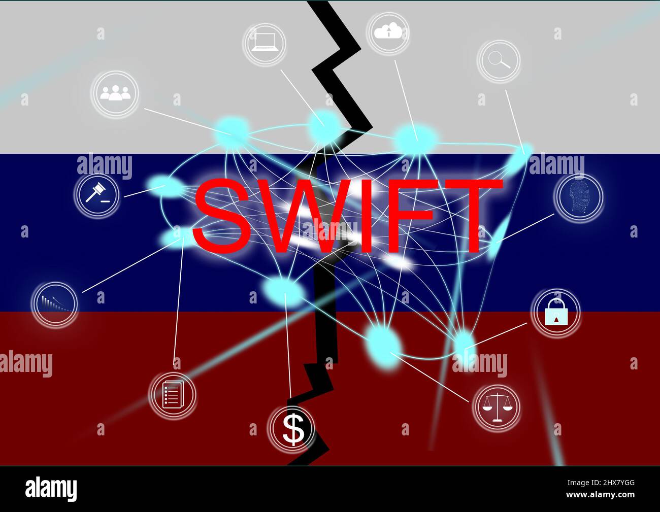 SWIFT financial system logo on screen behind barbed wire on background ...